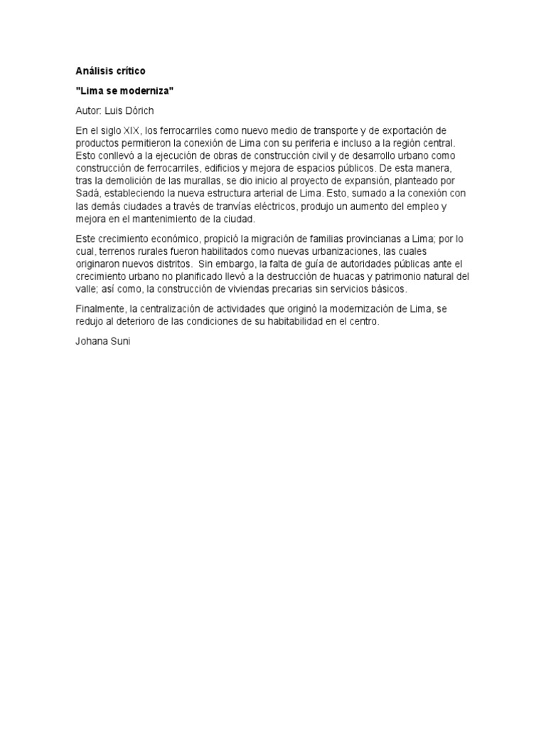 Anaisis Crítico - Lima Se Moderniza | PDF