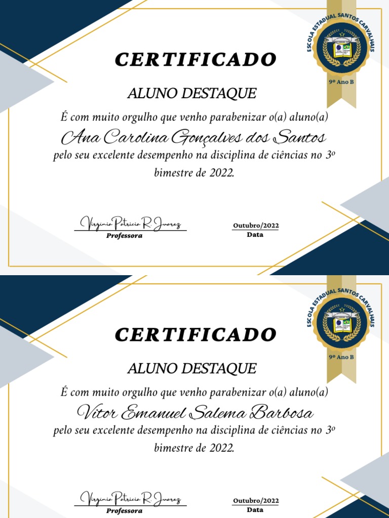 Certificado Aluno Nota 10 Ciencias | PDF