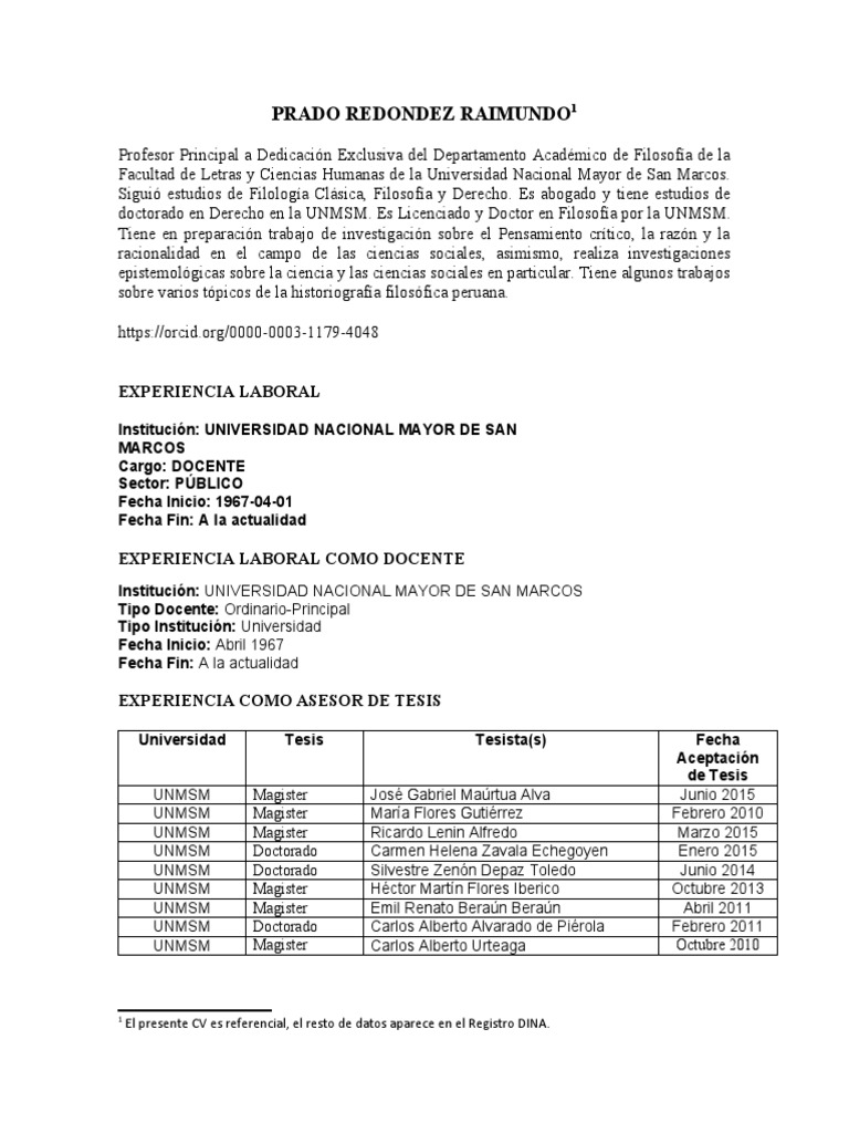 PRADO REDONDEZ RAIMUNDO CV | PDF | Doctorado | Perú