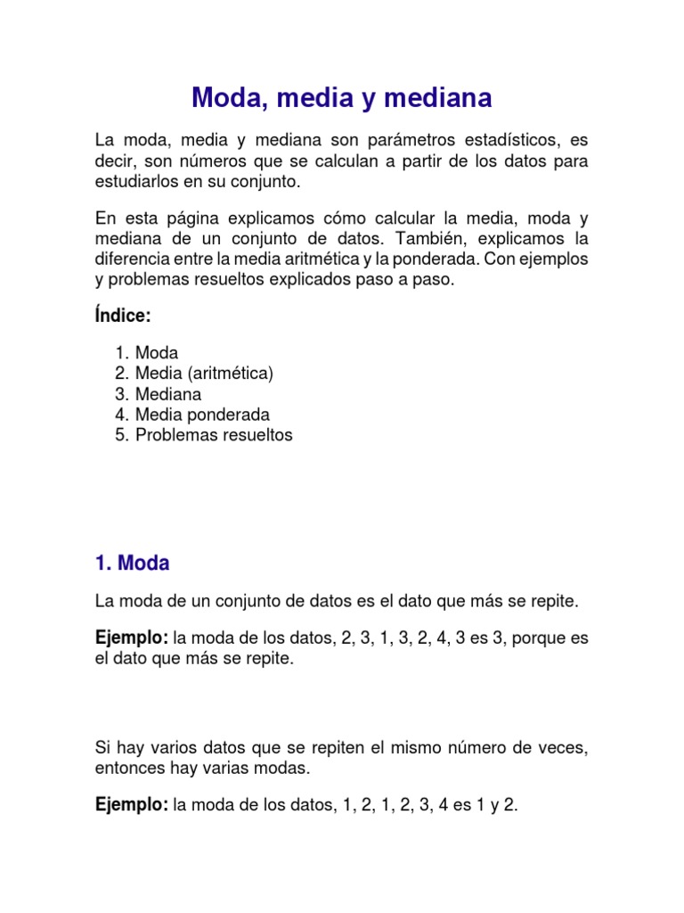 Media, Mediana y Moda: Definiciones y Ejemplos | PDF | Media | Mediana