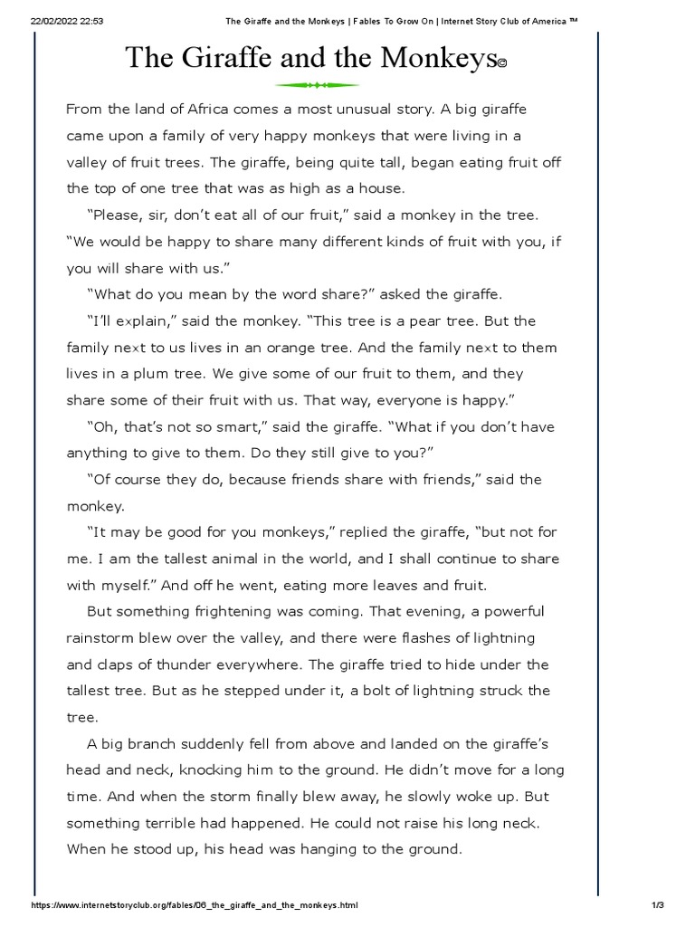 The Giraffe and The Monkeys - Fables To Grow On - Internet Story Club of America ™ | PDF