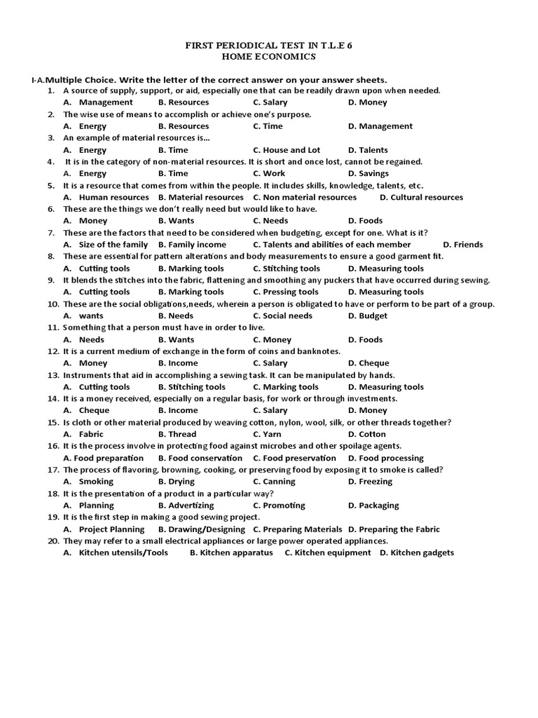 First Periodical Test Tl.e.6 Home Economics Wid Ans Key and Tos | PDF ... First Periodical Test Tl.e.6 Home Economics Wid Ans Key and Tos | PDF ...
