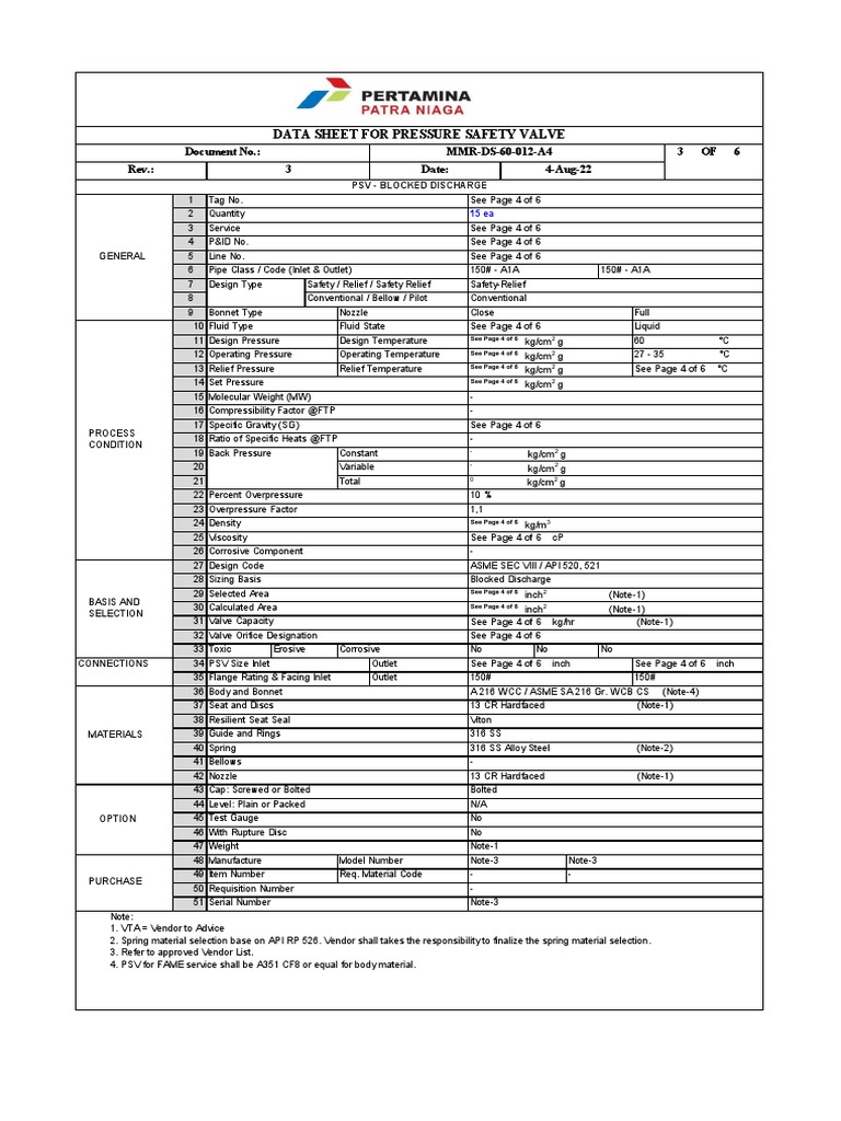 Data Sheet For Pressure Safety Valve: Document No.: MMR-DS-60-012-A4 3 of 6 Rev.: 3 Date: 4-Aug ...