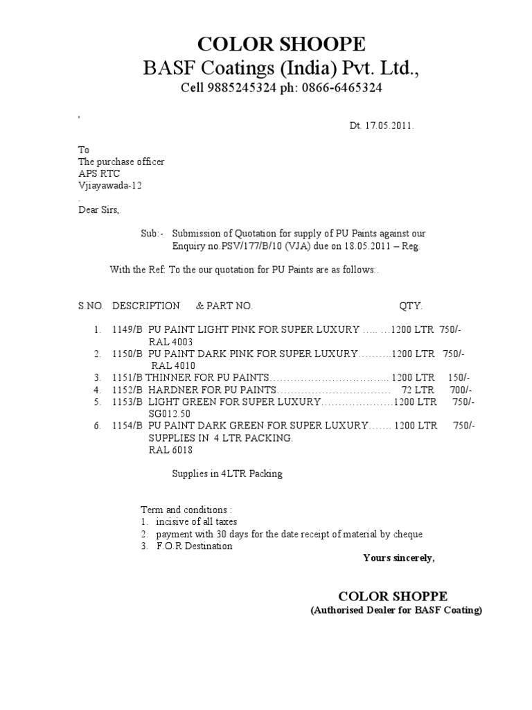 BASF PU Paints Quotation for APS RTC | PDF | Technology & Engineering