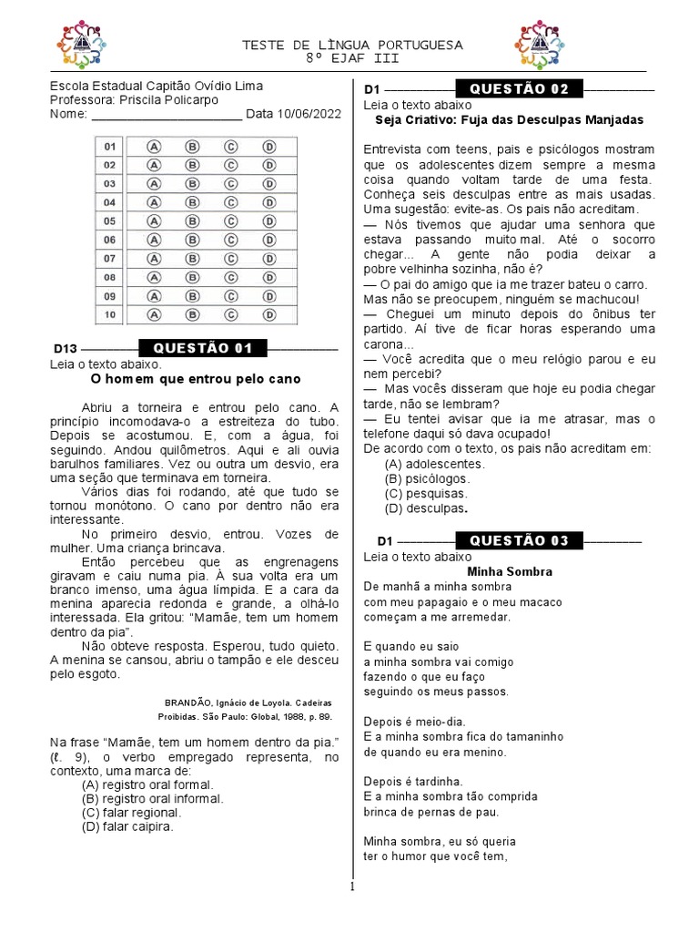 Simulado 3 (Port. 9º Ano - Blog Do Prof. Warles) | PDF