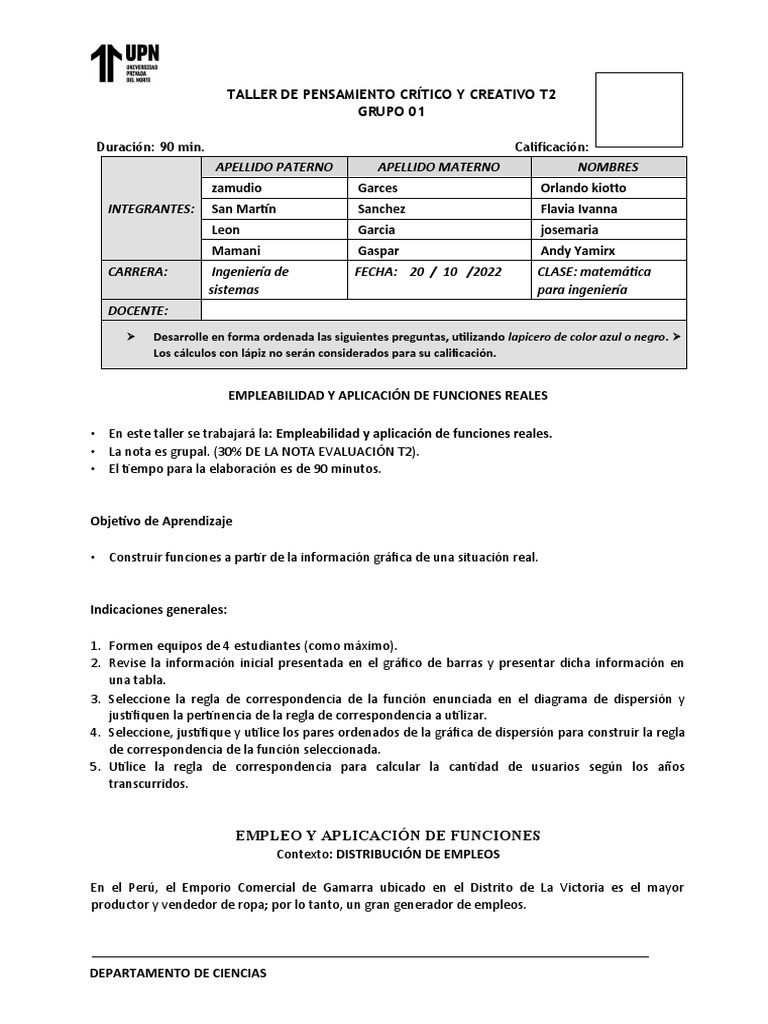 TPCC - 2022 - 2 - T2 - Grupo 01 | PDF | Función (Matemáticas) | Science TPCC - 2022 - 2 - T2 - Grupo 01 | PDF | Función (Matemáticas) | Science