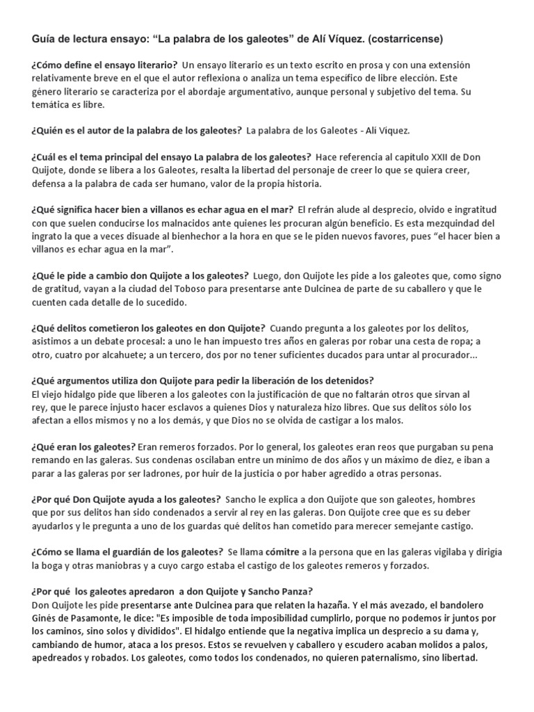 Guía de Lectura Ensayo La Palabra de Los Galeotes | PDF | Don Quijote
