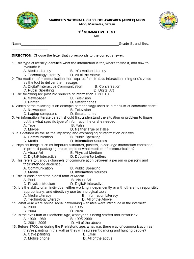 Summative Test Mil | PDF | Media (Communication) | Mass Media