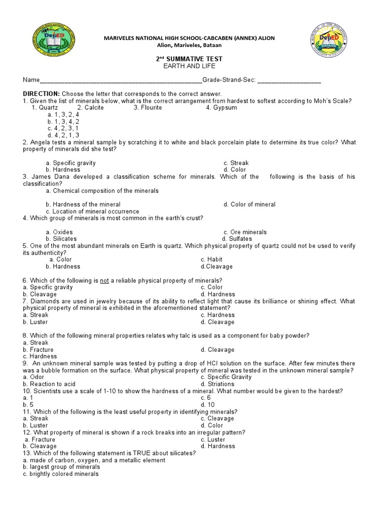 2nd Summative Test Earth and Life | PDF | Rock (Geology) | Minerals