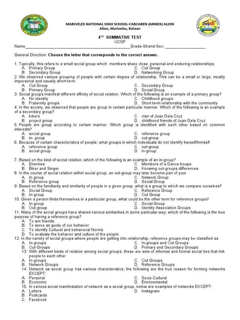 4thsummative Test Ucsp | PDF | Social Group | Behavioural Sciences