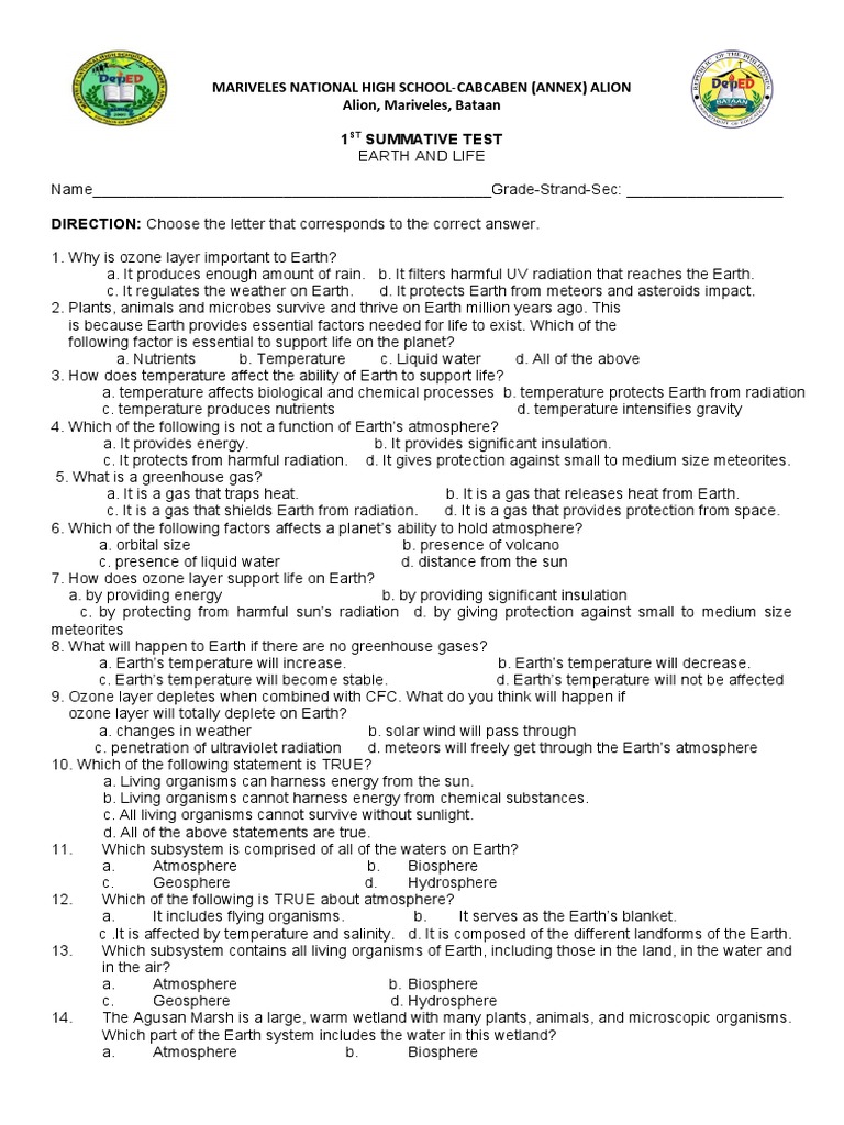 Summative Test Earth and Life | PDF | Earth | Atmosphere