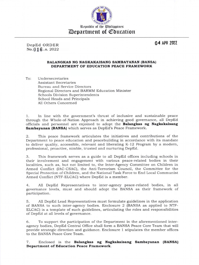 DO - s2022 - 016 DepEd BANSA Peace Framework | PDF | Peacebuilding ...