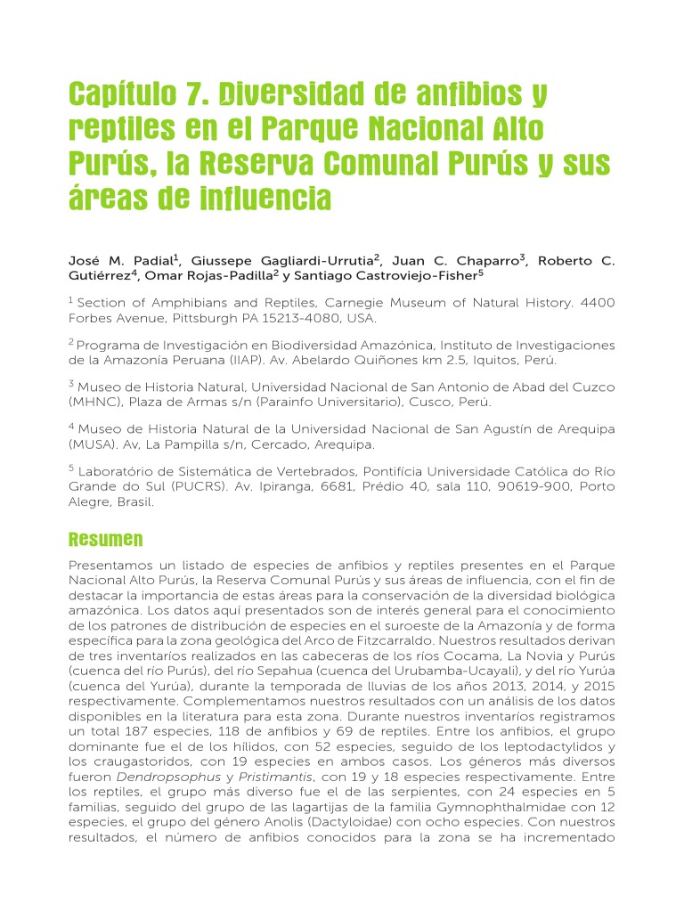 Padial Et Al 2016 Diversidad Anfibios Reptiles Purus | PDF | Perú ...