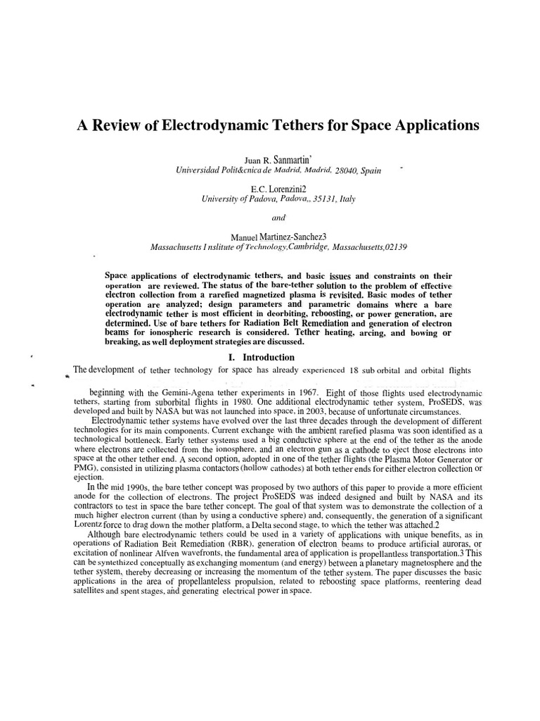 Review For: Electrodynamic Tethers Space Applications | PDF | Electron ...