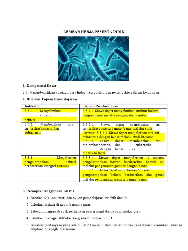 (Template) LKPD BAKTERI PERTEMUAN SATU | PDF | Sains & Matematika