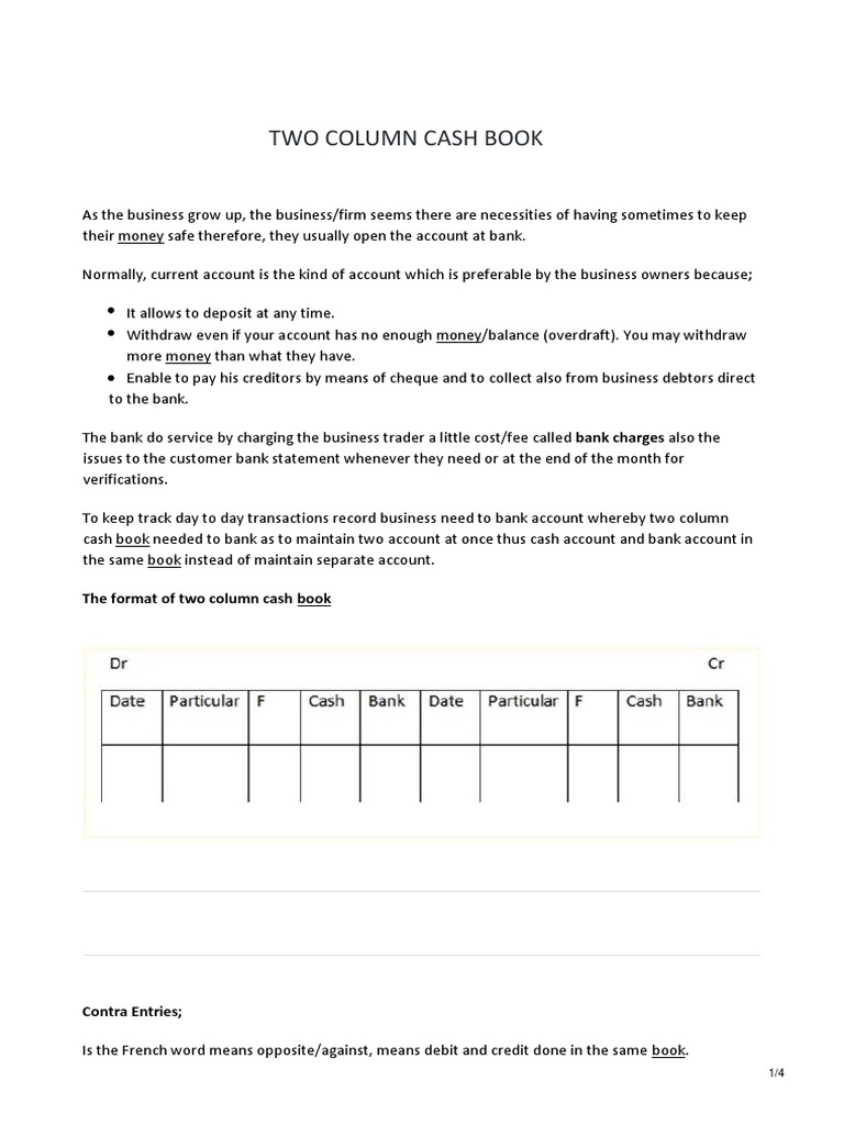 Two Column Cash Book | PDF | Banks | Banking