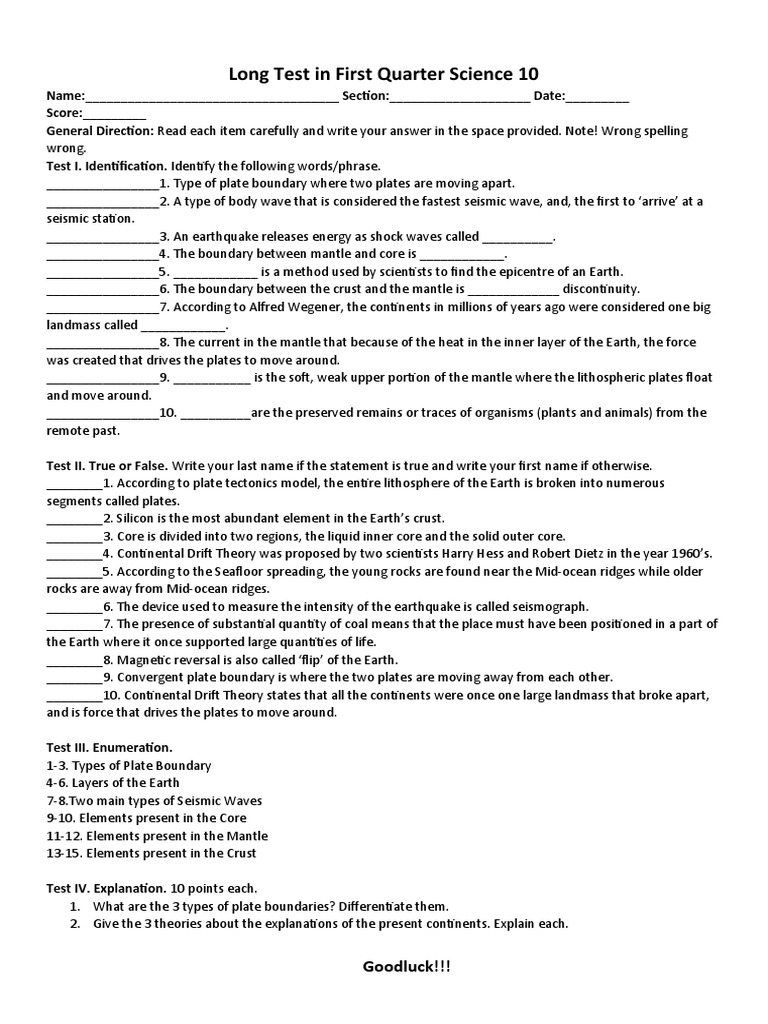 Earth Science Test: Plate Tectonics | PDF | Plate Tectonics | Earth