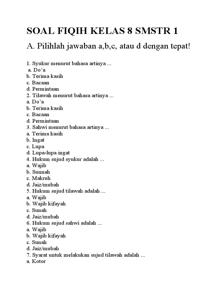Soal Fiqih Kelas 8 SMSTR 1 | PDF