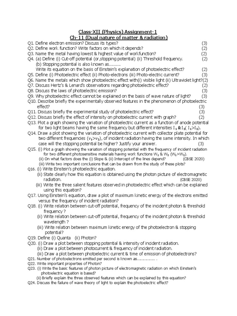 12th (CH 11) Assignment 1 | PDF | Photoelectric Effect | Electromagnetic Radiation