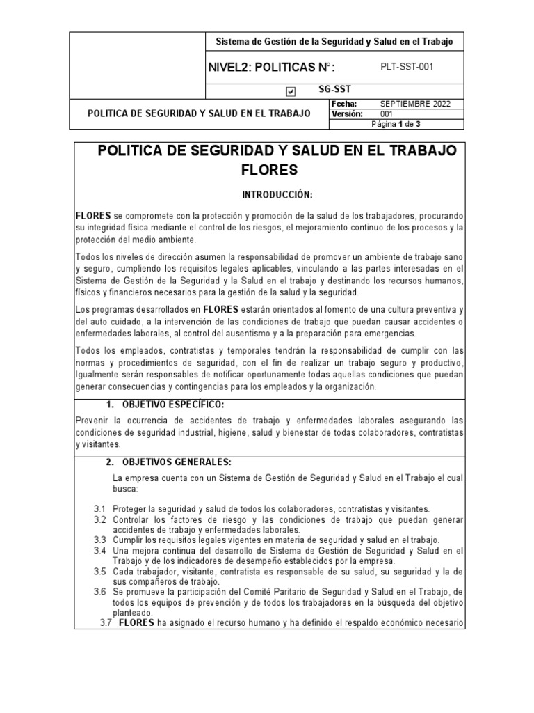 PLT-SST-001 Política de Seguridad y Salud en El Trabajo | PDF | Valores | Seguridad y salud ...