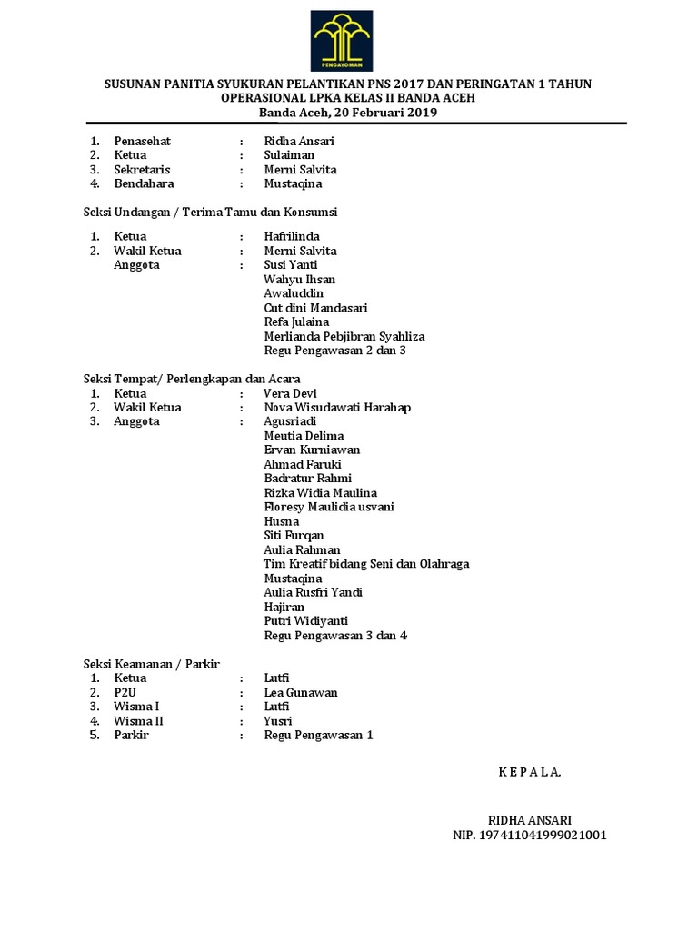 Susunan Panitia Syukuran Pelantikan PNS 2017 dan Peringatan 1 Tahun Operasional LPKA Kelas II ...