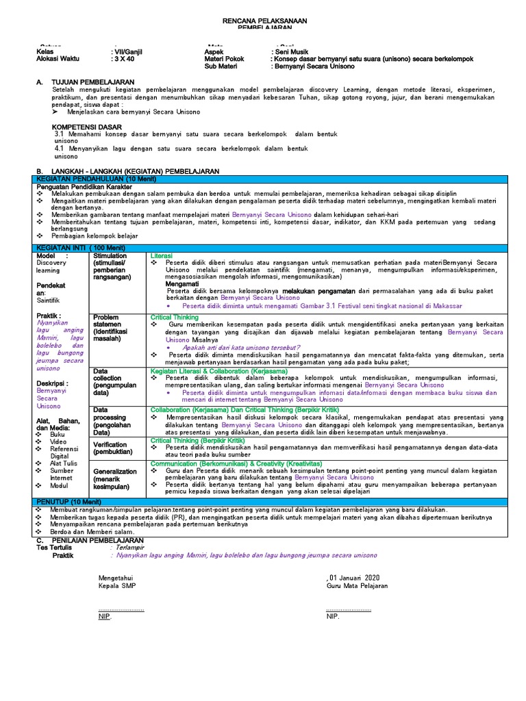 Contoh RPP Seni MUsik Kurikulum Merdeka | PDF
