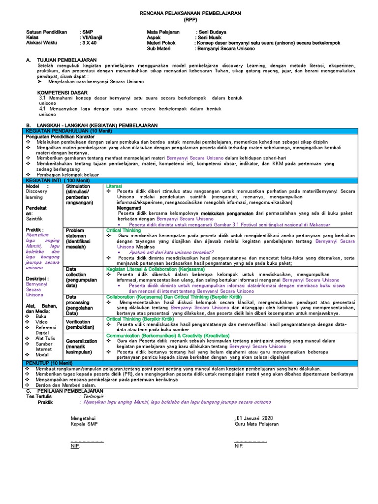 Contoh RPP Seni MUsik Kurikulum Merdeka | PDF