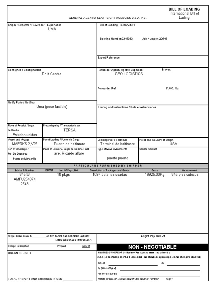 BILL OF LADING EN BLANCO TALLER 2 | PDF | Cargo | Bill Of Lading