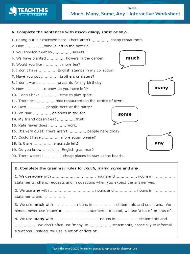 Much, Many, Some, Any Interactive Worksheet | PDF