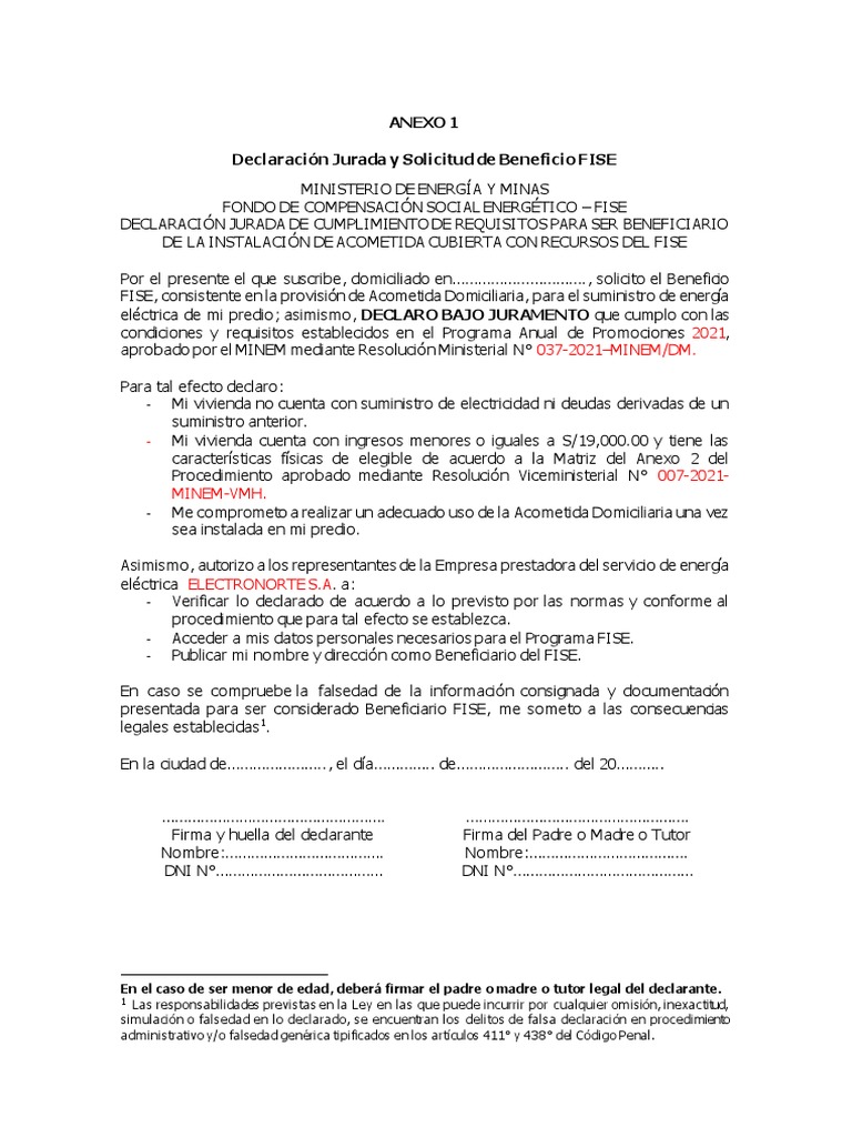 Anexo 1 Declaración Jurada y Solicitud de Beneficio FISE: 2021 037-2021-MINEM/DM | PDF ...