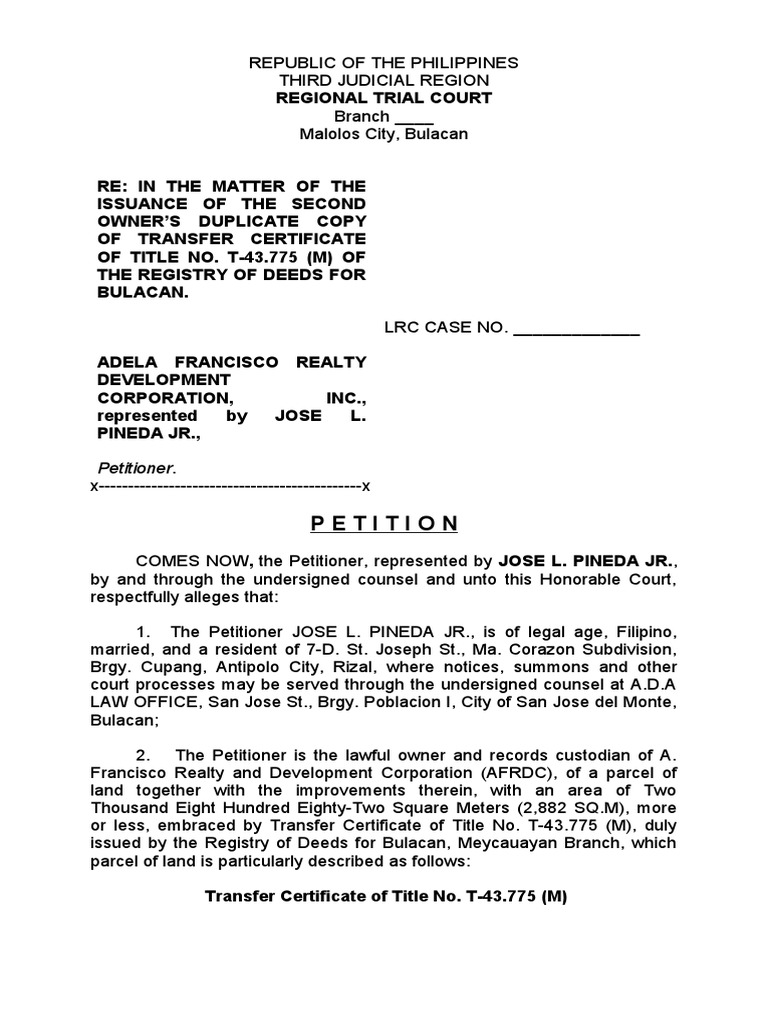 Petition For Reconstitution of Titles PINEDA Jr. 43.775 | PDF | Deed ...