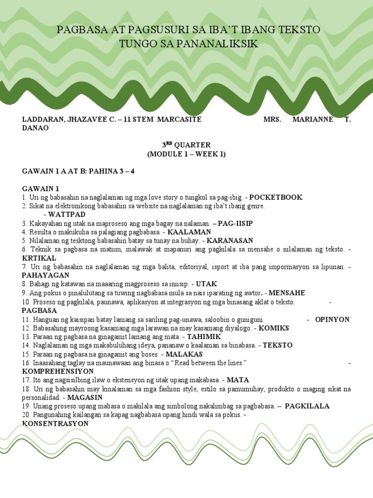 Pagbasa at Pagsusuri Quarter 3 | PDF