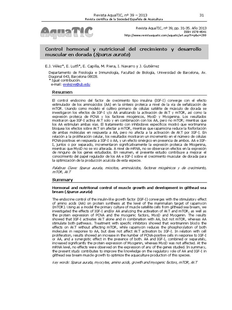 Control Hormonal y Nutricional Del Crecimiento y Desarrollo Muscular en Dorada | PDF | La ...