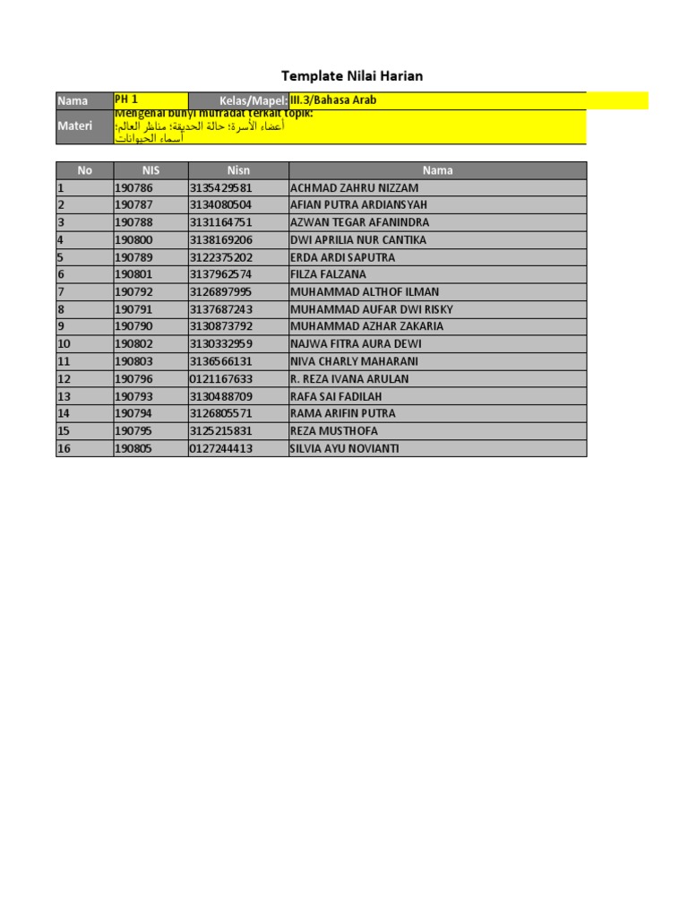 Template Nilai Harian-III.3-Bahasa Arab | PDF