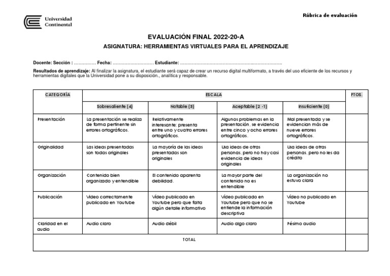 Rubrica de Evaluación Final | PDF | Rúbrica (Académica) | Youtube