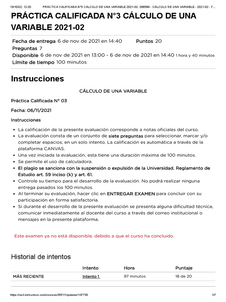 Práctica Calificada N°3 Cálculo de Una Variable 2021-02 - 268589 - Cálculo de Una Variable ...