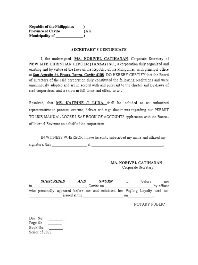 Secretary Certificate For Manual Loose Leaf | PDF