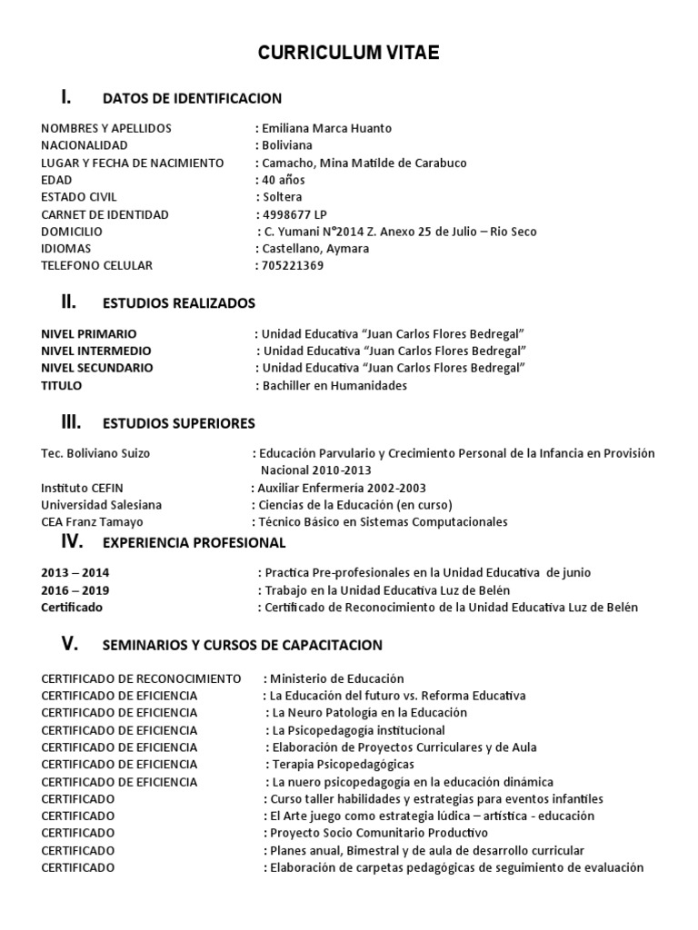 Curriculum Vitae de Emiliana Marca Huanto | PDF | Plan de estudios ...