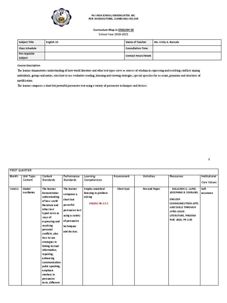Eng 10 Cur-Map | PDF | Learning | English Language