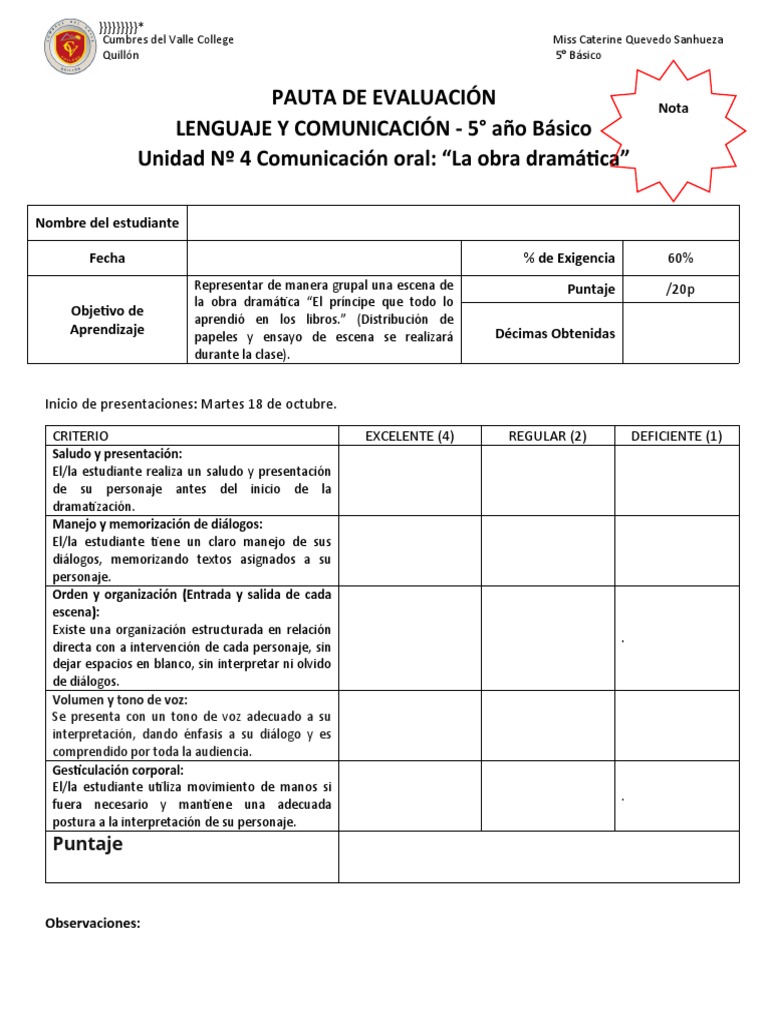 5° Básico Pauta de Evaluación Obra Dramática | PDF