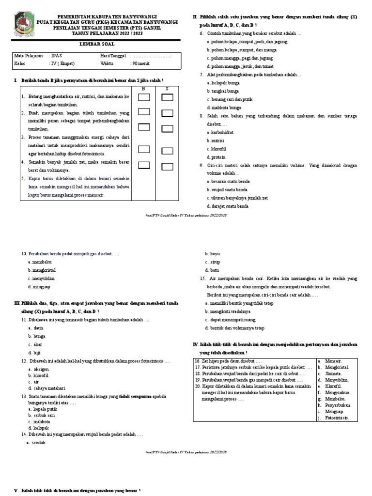 Naskah Soal PTS Ganjil Ipas Kelas 4 Level C | PDF