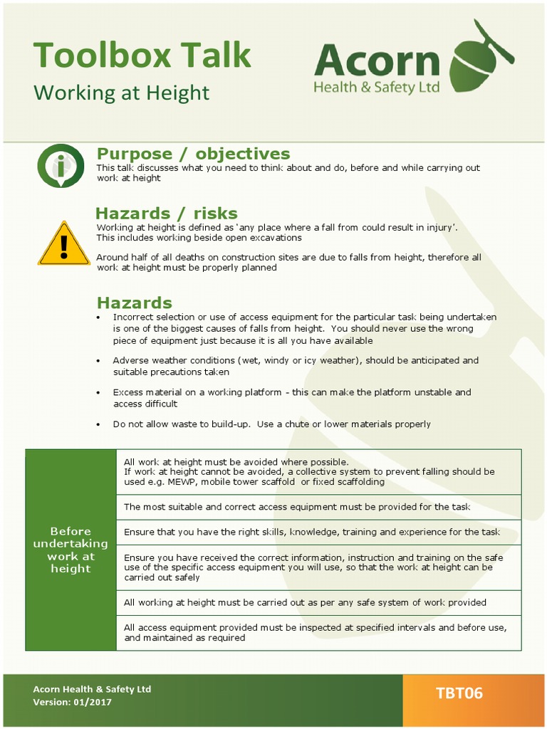 September 2017 Toolbox Talk Working at Height TBT06 1 | PDF ...