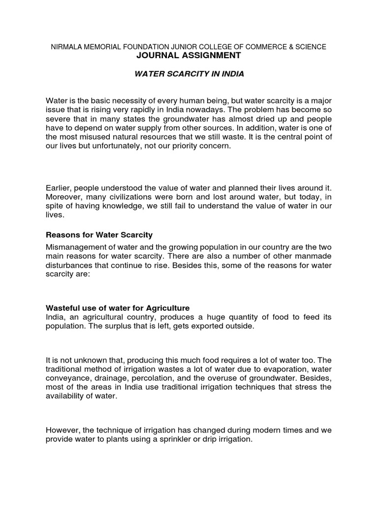 EVS Journal Assignment Water Scarcity | PDF | Water Scarcity | Water