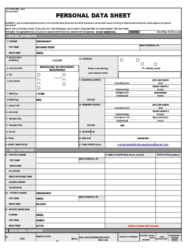 Cs Form No. 212 Revised Personal Data Sheet - New | PDF | Government ...