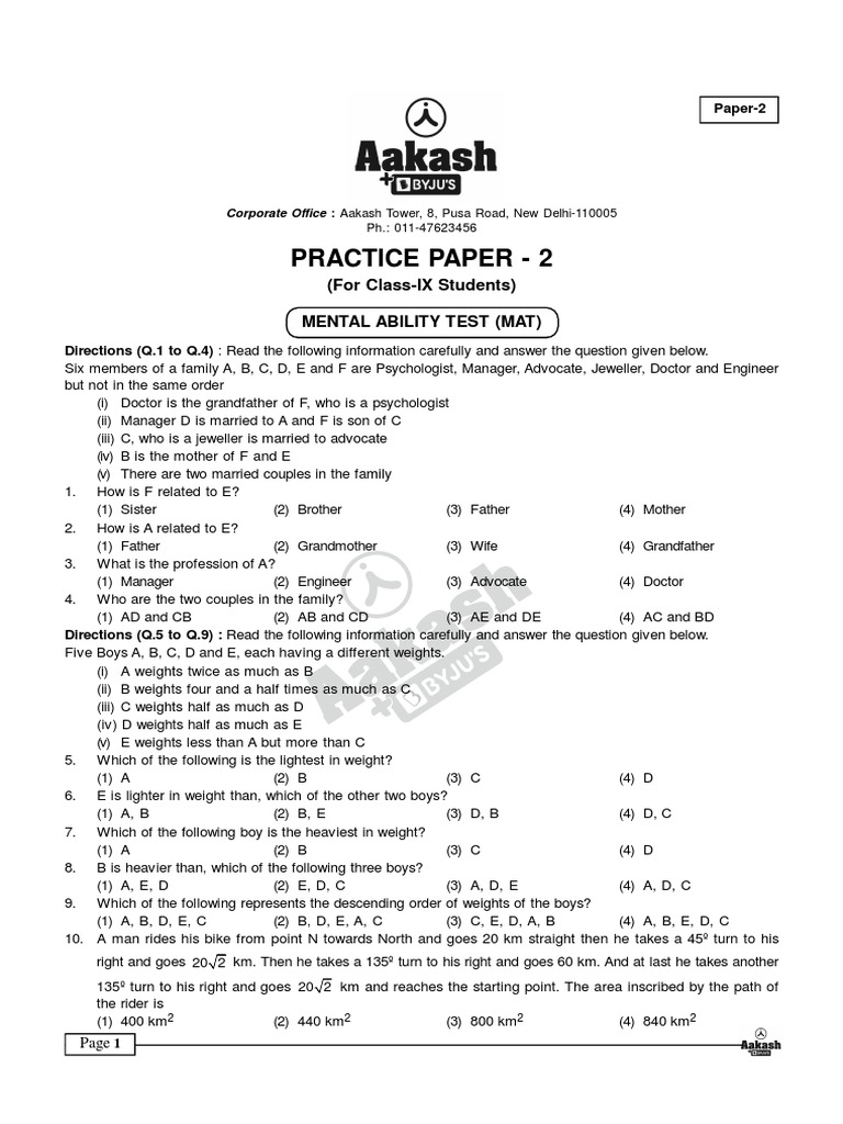 Practice Paper - 2 NTSE (MAT) Class IX | PDF Practice Paper - 2 NTSE (MAT) Class IX | PDF