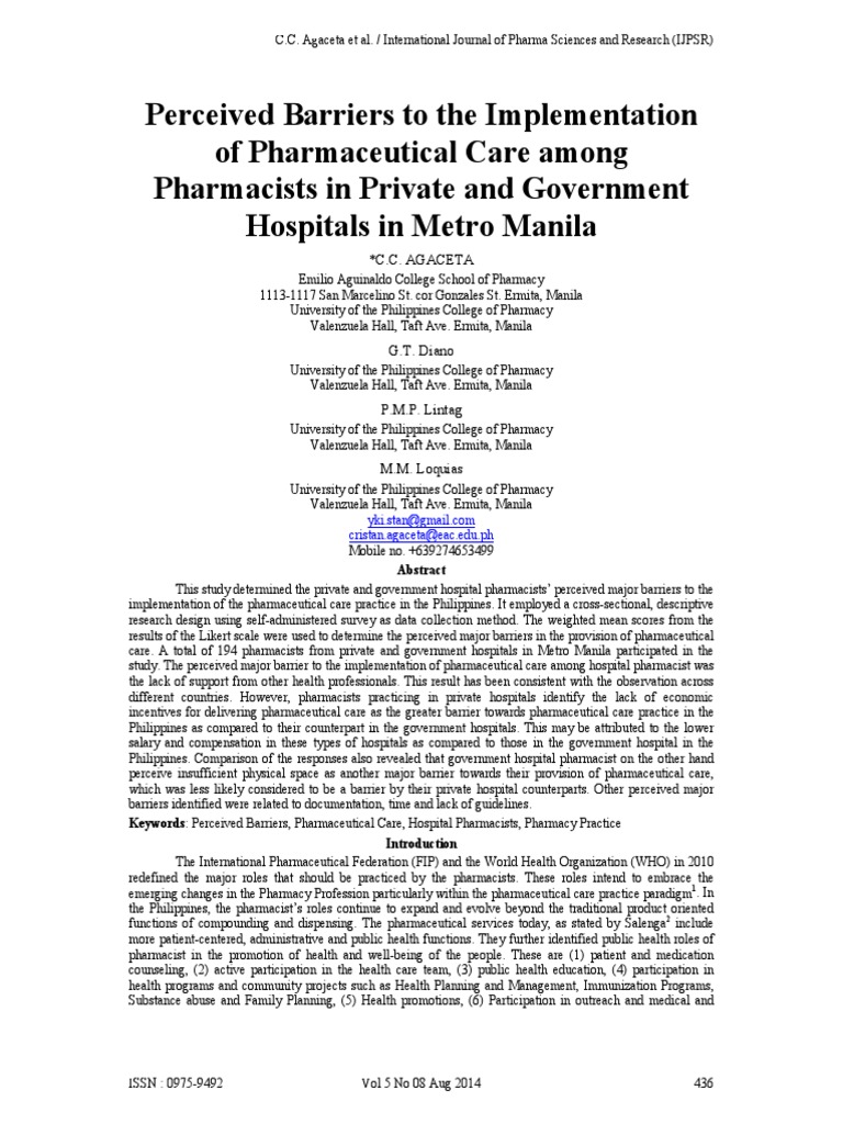 Perceived Barriers To The Implementation of Pharmaceutical Care Among ...