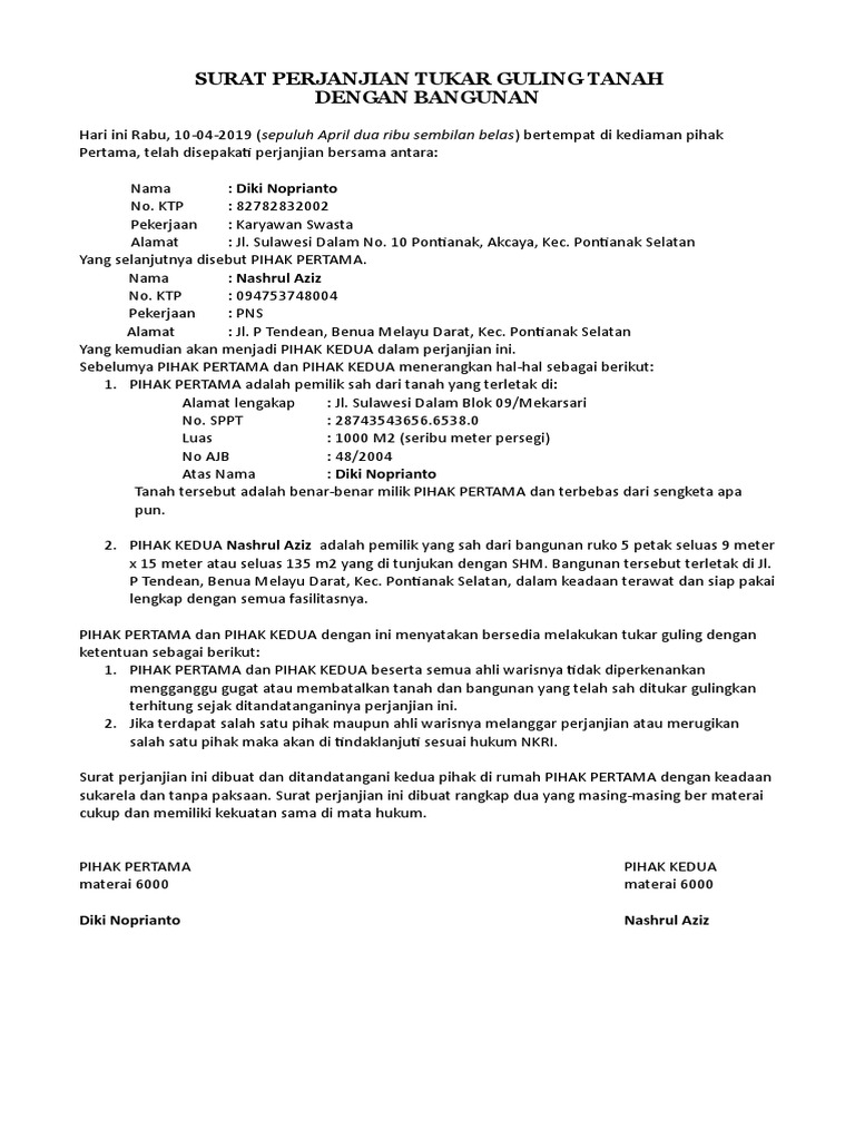 Surat Perjanjian Tukar Guling Tanah Dengan Bangunan | PDF