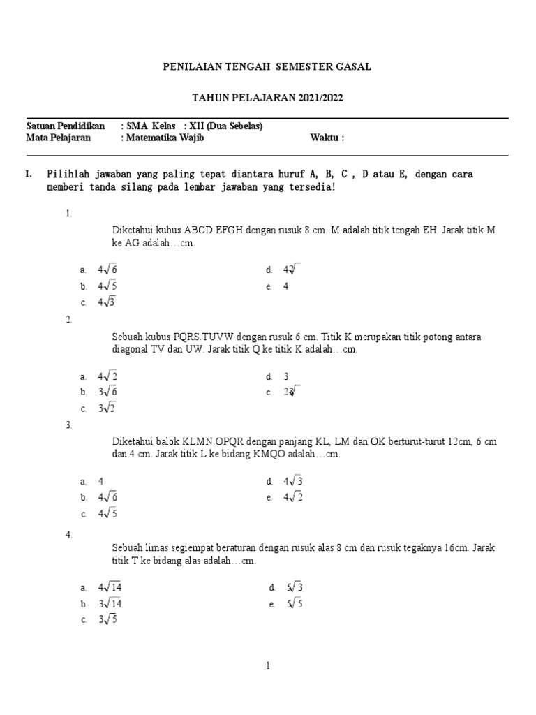 Soal PTS MTK Wajib Kelas XII | PDF