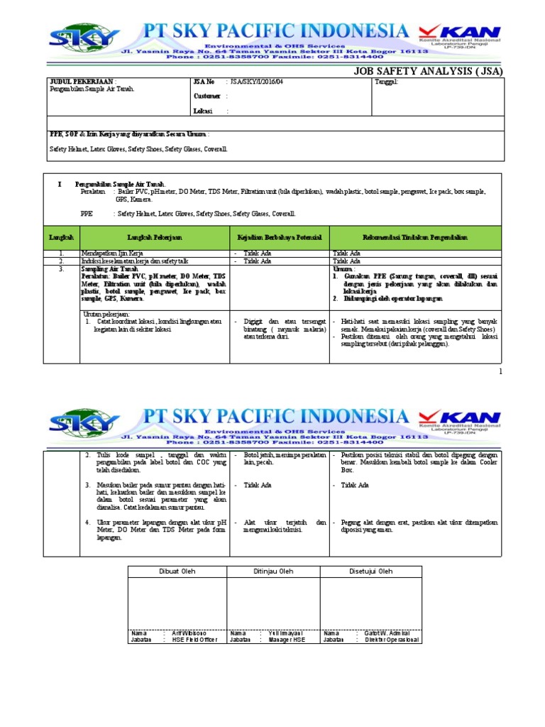 JSA Pengambilan Sample Air Tanah | PDF