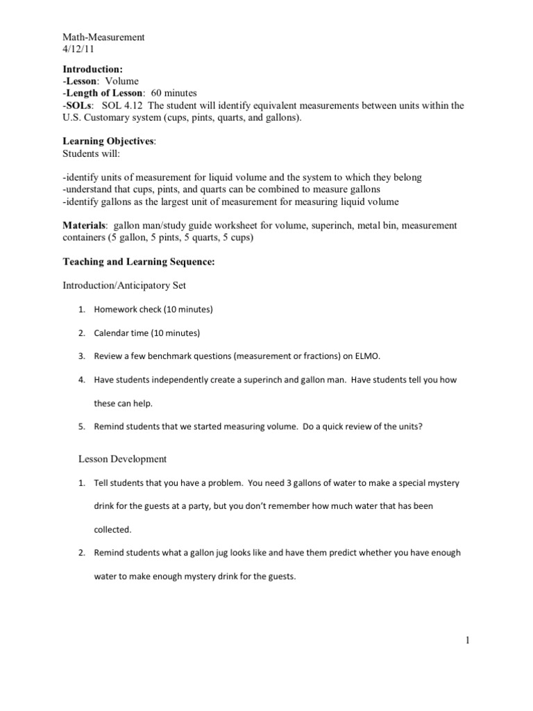 Lesson Plan 4th Volume Gallon Man | PDF